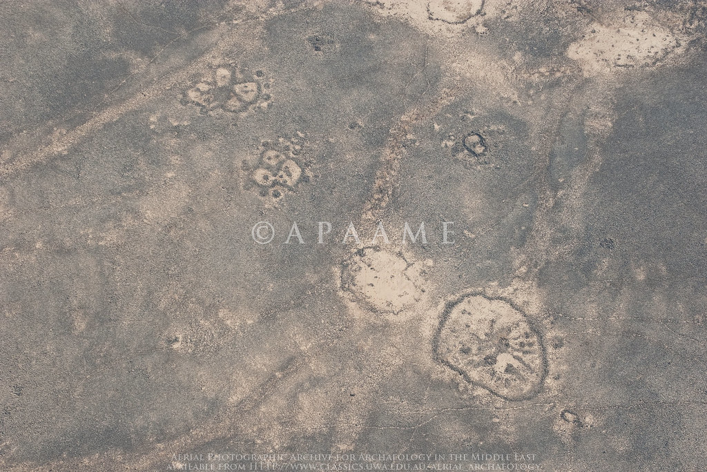 Azraq Desert Wheel Group E, aerial view of circular desert geoglyphs in Jordan