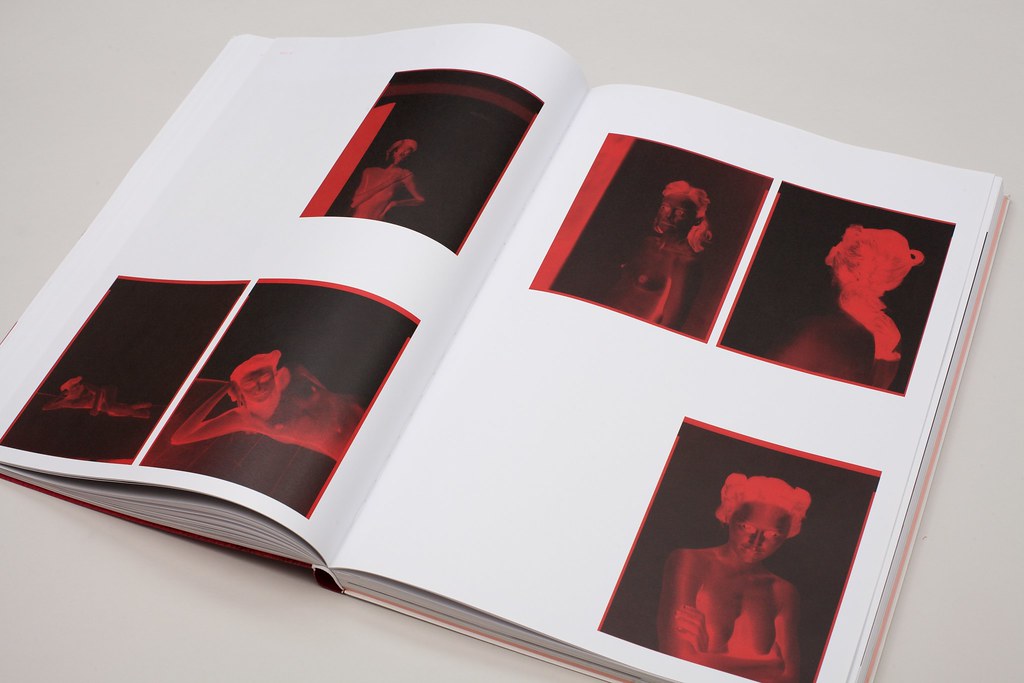 Red-toned nude figure studies in a photobook spread