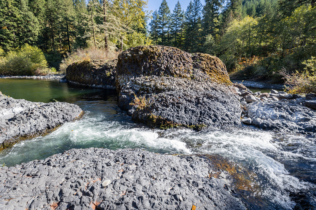 Molalla River Gorge at Ivor Davies Wayside (Party Rock): Basalt Outcrop and Whitewater in Autumn Light