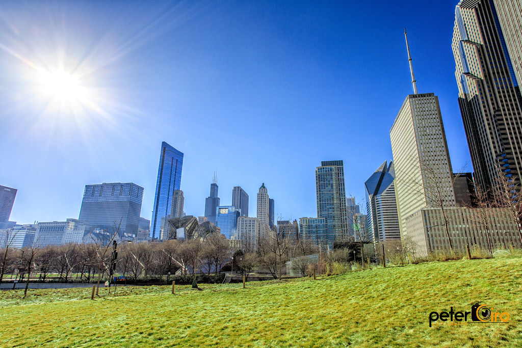 Sunlit Chicago Skyline from Maggie Daley Park, Downtown Skyscrapers Against a Clear Blue Sky