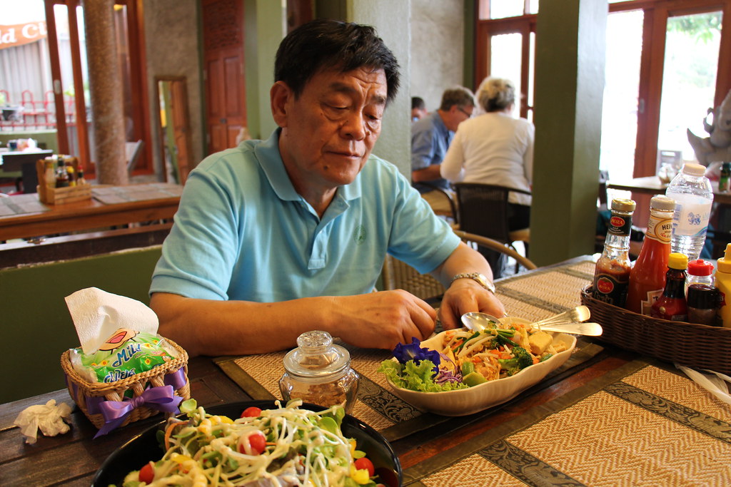 Focused diner in turquoise polo enjoys a vibrant Thai salad at a sunlit casual restaurant
