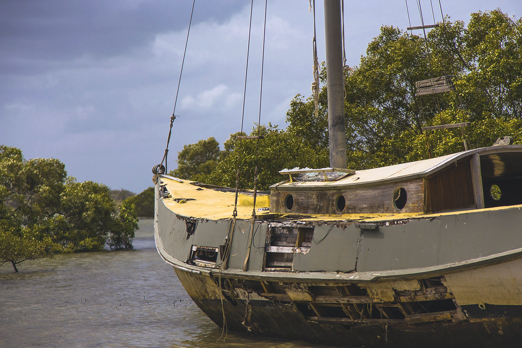 Weathered sailing vessel beached in a mangrove estuary under a moody, overcast sky