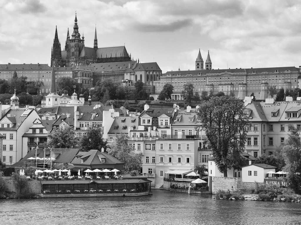Prague Castle Complex from the Vltava River: St. Vitus Cathedral and Historic Palaces Over the Riverside