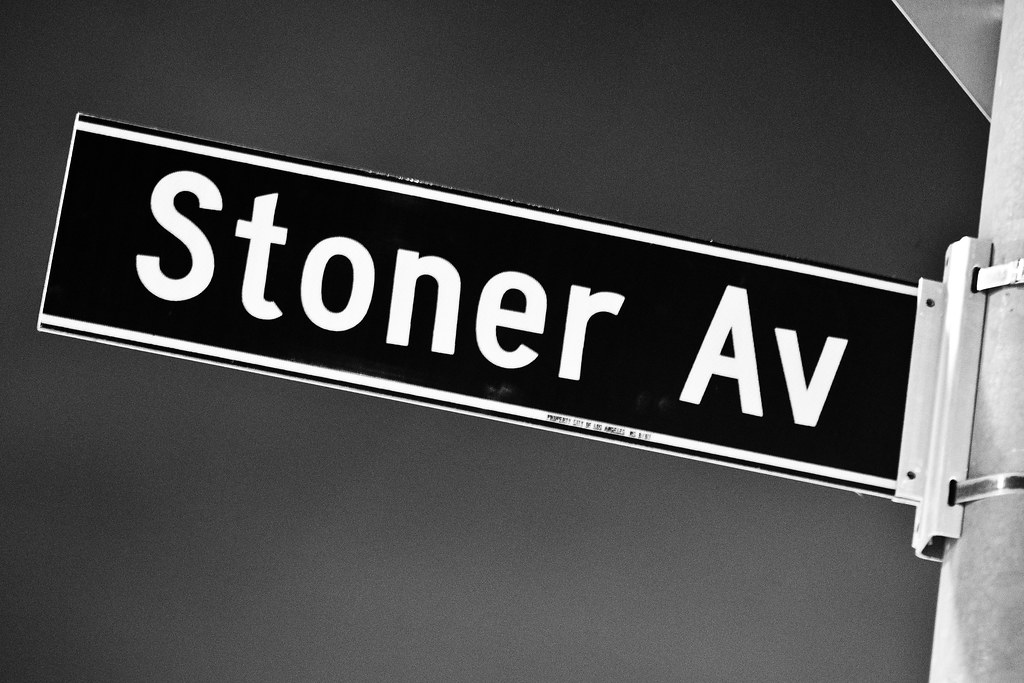 Stoner Ave Sign, Diagonal Portrait in Black and White