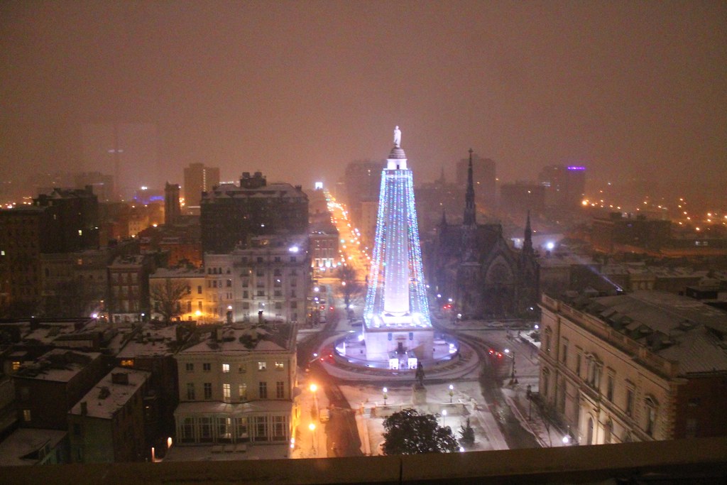 Snowbound View from Westminster House Window: Washington Monument at Mount Vernon Place, Baltimore, January 4, 2018