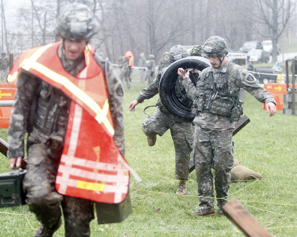 45th Annual Sandhurst Military Skills Competition: Cadets carry tires and tackle obstacle barriers at Camp Buckner