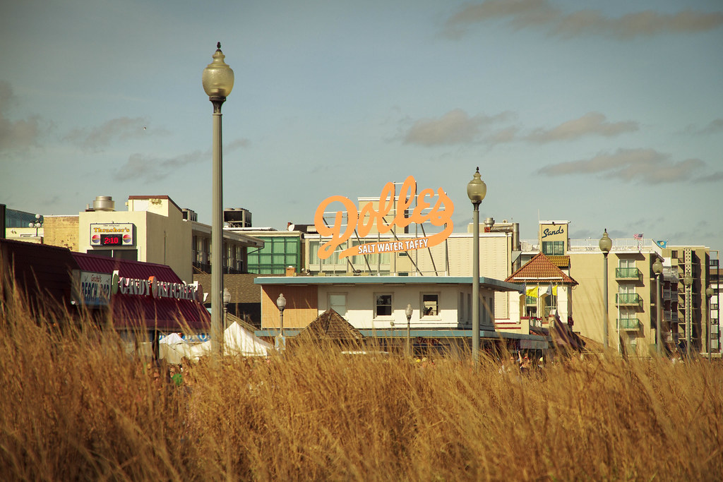 Rehoboth Beach Boardwalk: Orange Retro Salt-Water Taffy Sign Over Seaside Shops