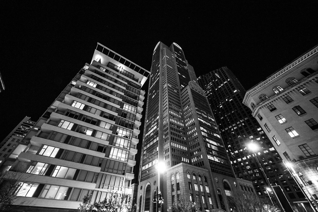 Dallas Nightscape: Downtown Skyscrapers Converge in a Wide-Angle Monochrome View