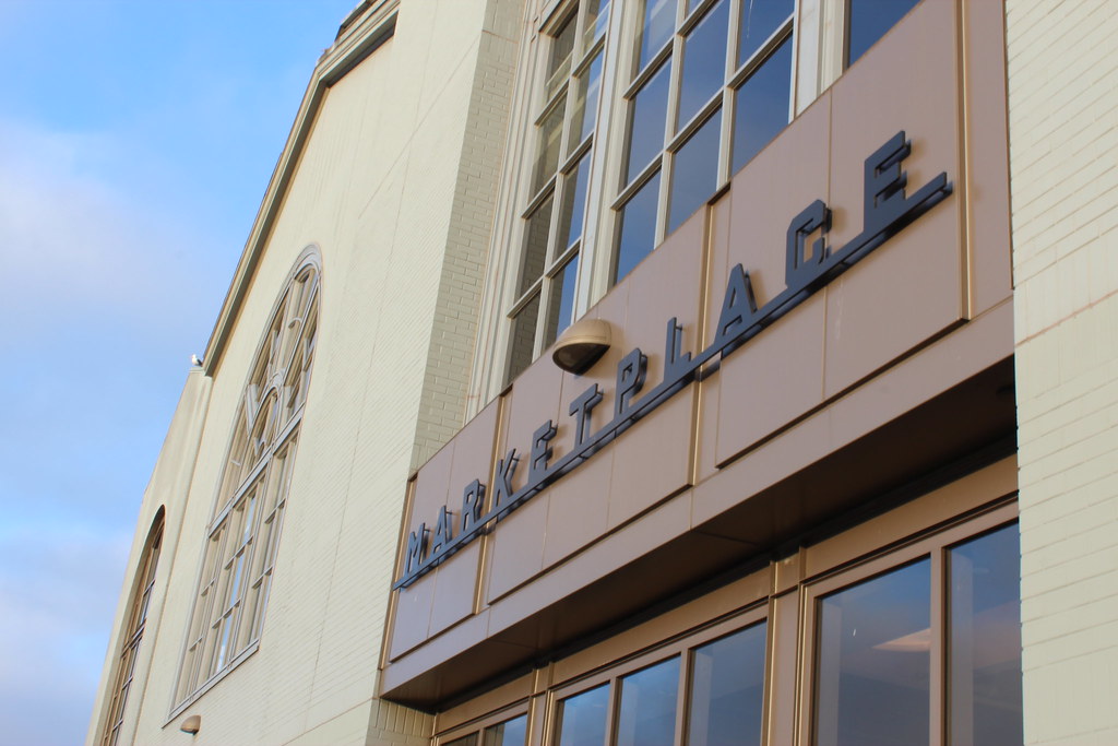 SF Ferry Building Marketplace Facade: Arched Windows and Bold MARKETPLACE Sign