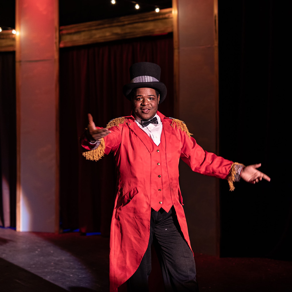 Pippin, Advanced Young Performers: Red tailcoat performer on stage at Steel River Playhouse, Pottstown, PA (Aug 16–25, 2019)