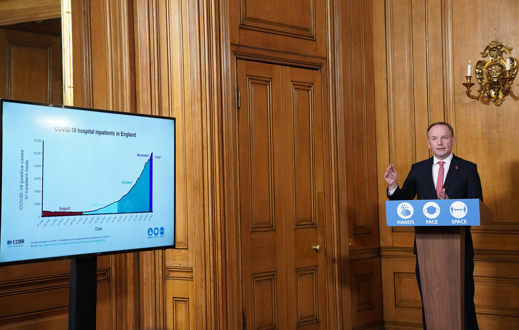 Boris Johnson at 10 Downing Street delivers Covid-19 briefing with data chart on hospital inpatients