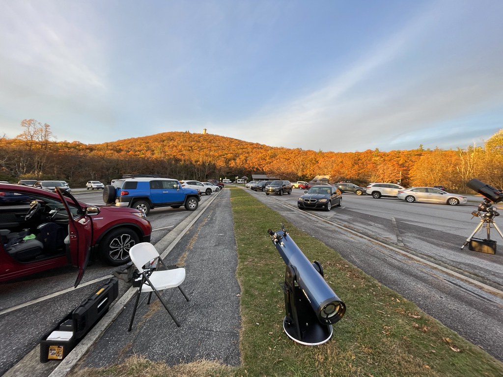 Brasstown Bald Sunset Astronomy Setup in the Parking Lot: Telescopes, Gear, and Autumn Hillside Glow