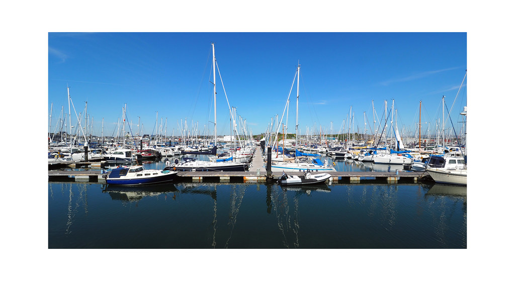 Plymouth Marina, Devon: Dense fleet of sailboats and towering masts framed by a bright azure sky