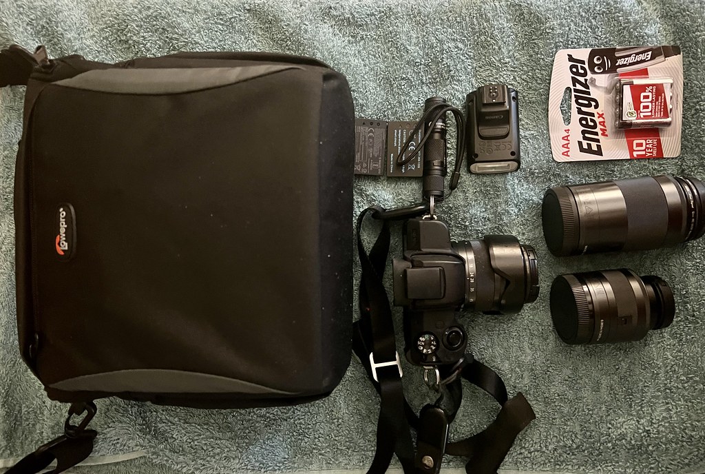 New bag day: Lowepro Formula 160 kit with camera, attached lens, and two additional zooms