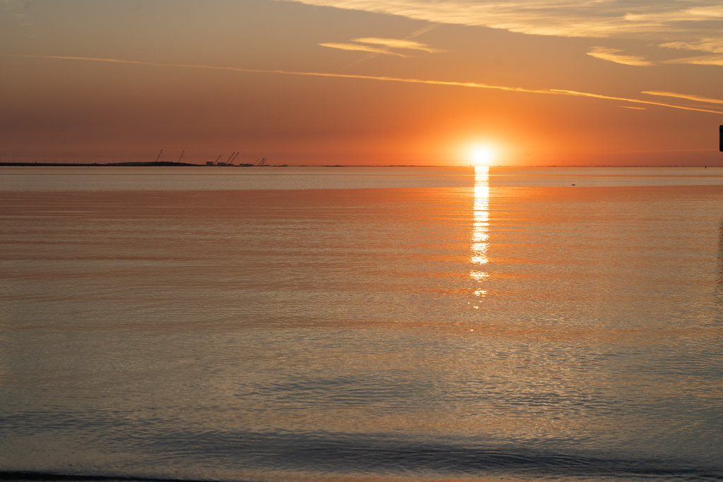 Sunset Over a Calm Harbor: Golden Reflection Tracing the Horizon on Quiet Waters