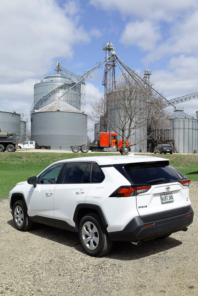 Toyota RAV4 in the foreground at a grain storage complex in Maquoketa, Iowa