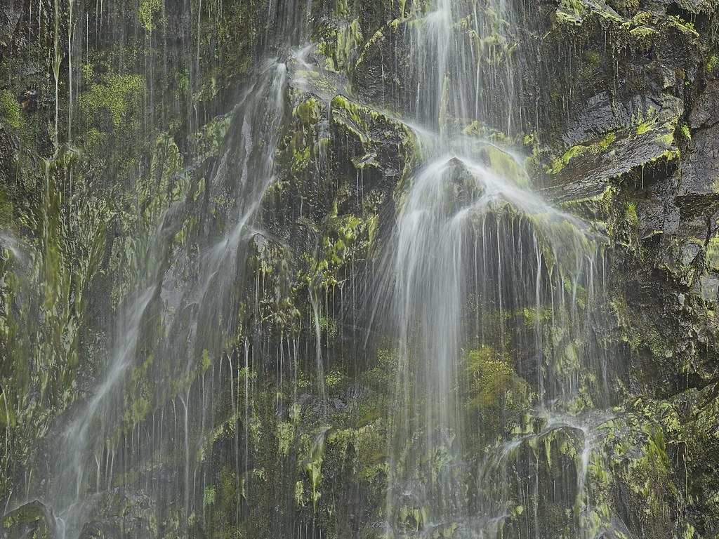 Clashnessie Falls: Moss-clad rock face and delicate cascades