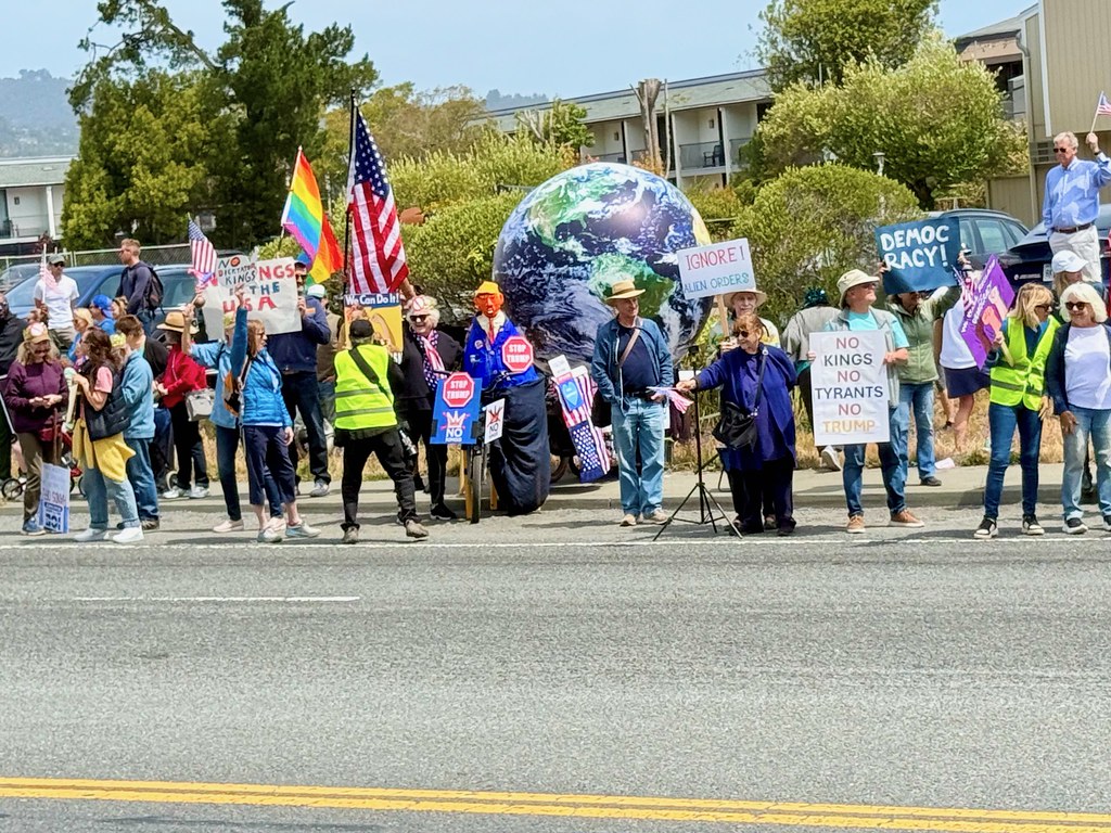 Tam Junction No Kings Rally, Mill Valley: Earth-Globe Float, Flags and Protest Signs Against Trump
