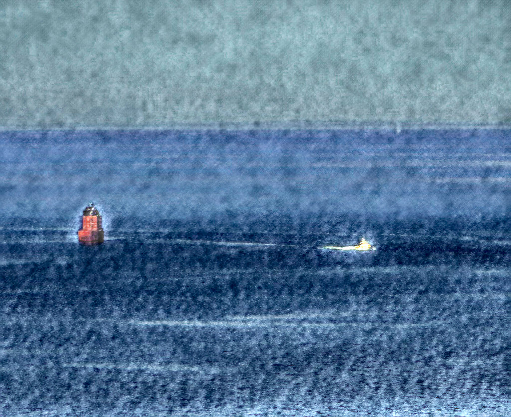 Red Beacon Buoy and Small Boat Across Chesapeake Bay, viewed from the Bay Bridge