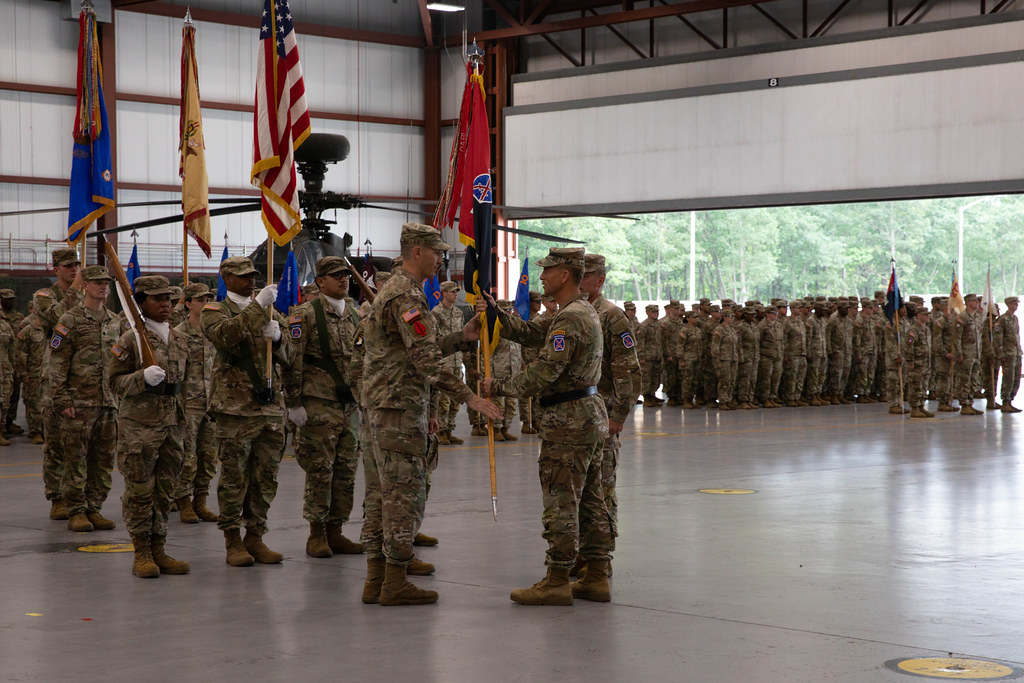 Indoor Color Guard Transfer During Army Formation in a Hangar