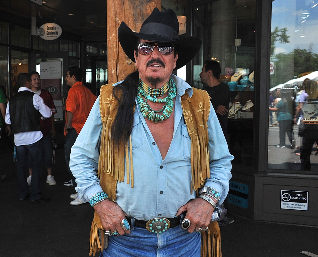 Santa Fe Indian Market 2012: Fringed suede vest, turquoise beads, and cowboy hat portrait