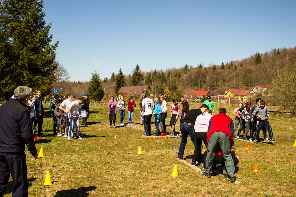 Outdoor team-building activities at Campus Porumbacu during the 'Candidat la vocea cerului' youth music camp, April 9–12, 2015