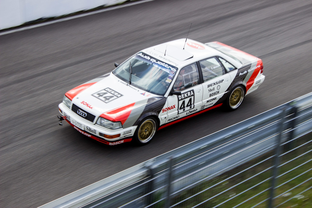 Audi race car #44 in a dynamic panning shot at Hockenheimring, 2016 (DEKRA/Sonax livery)