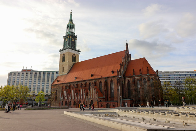 Marienkirche (St. Marys Church), Berlin-Mitte: Gothic brick hall church with a Langhans-designed neo-Gothic west tower beside modern city blocks