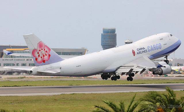 China Airlines Cargo Boeing 747-400F lifts off at Taoyuan International Airport, plum blossom tail livery (registration B-18719)