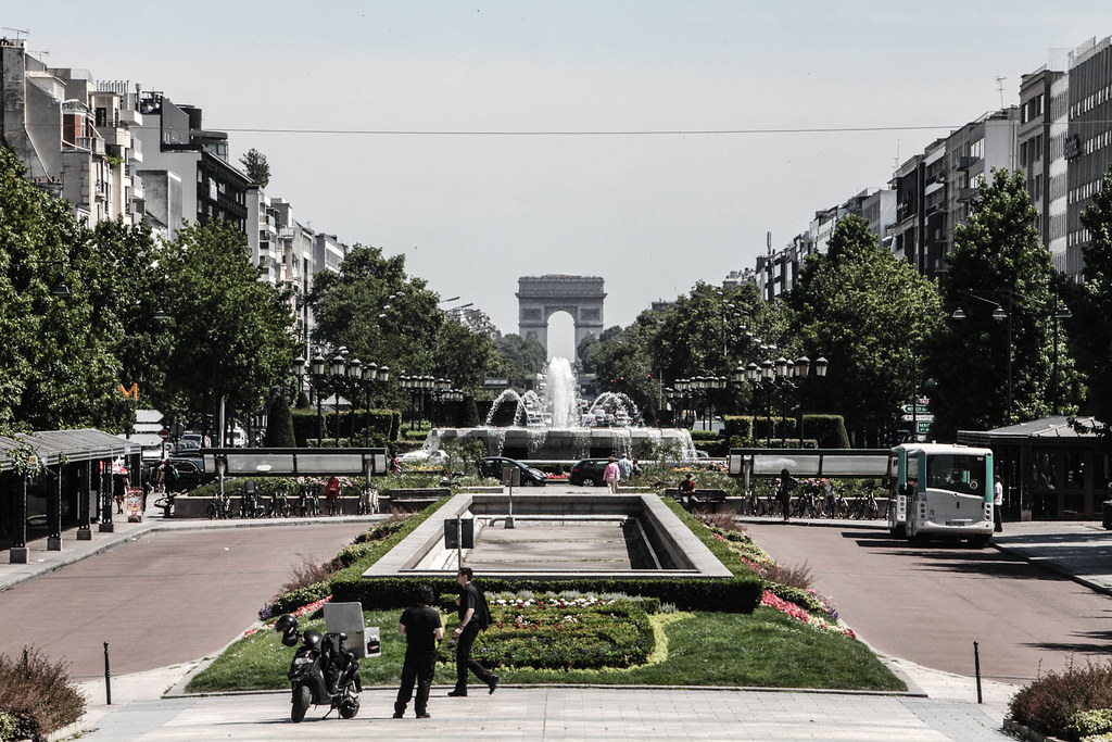 Avenue Charles de Gaulle toward the Arc de Triomphe: symmetrical boulevard, central fountain, and urban plaza