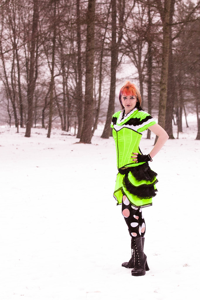 Neon Corset in Winter Woods: A Traveling Circus Freak Show Portrait