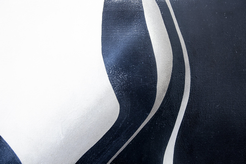 Overlapping Curves: Abstract close-up of navy blue and white paint on a textured canvas