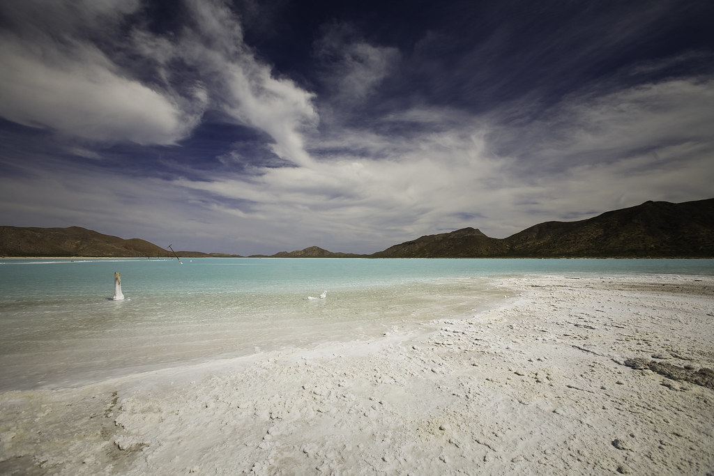 Turquoise lagoon along a salt-white shoreline at Isla del Carmen, Loreto, Baja California Sur