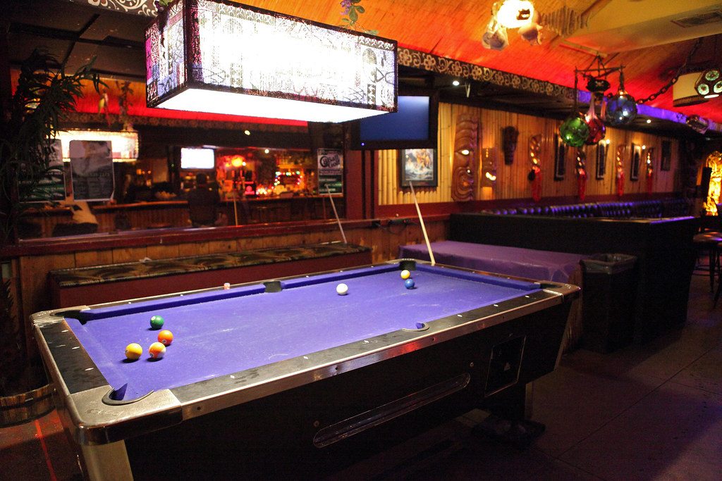 Pool Table Under Warm Neon Lighting in the Purple Orchid Exotic Tiki Lounge, El Segundo, CA